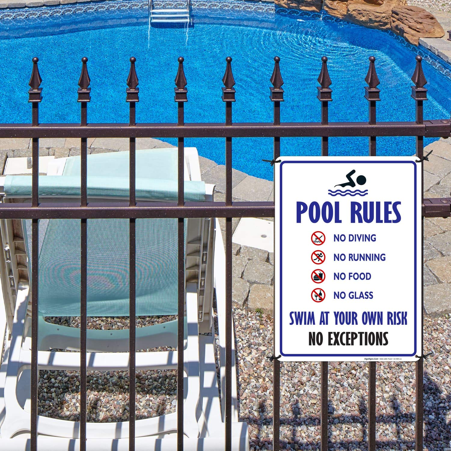 Pool Rules Sign, No Diving No Running No Food No Glass, 10x14 Inches, Rust Free .040 Aluminum, Fade Resistant, Made in USA by Sigo Signs