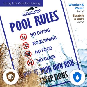 Pool Rules Sign, No Diving No Running No Food No Glass, 10x14 Inches, Rust Free .040 Aluminum, Fade Resistant, Made in USA by Sigo Signs