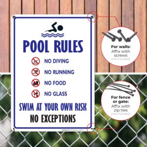 Pool Rules Sign, No Diving No Running No Food No Glass, 10x14 Inches, Rust Free .040 Aluminum, Fade Resistant, Made in USA by Sigo Signs