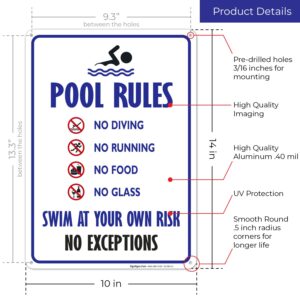 Pool Rules Sign, No Diving No Running No Food No Glass, 10x14 Inches, Rust Free .040 Aluminum, Fade Resistant, Made in USA by Sigo Signs