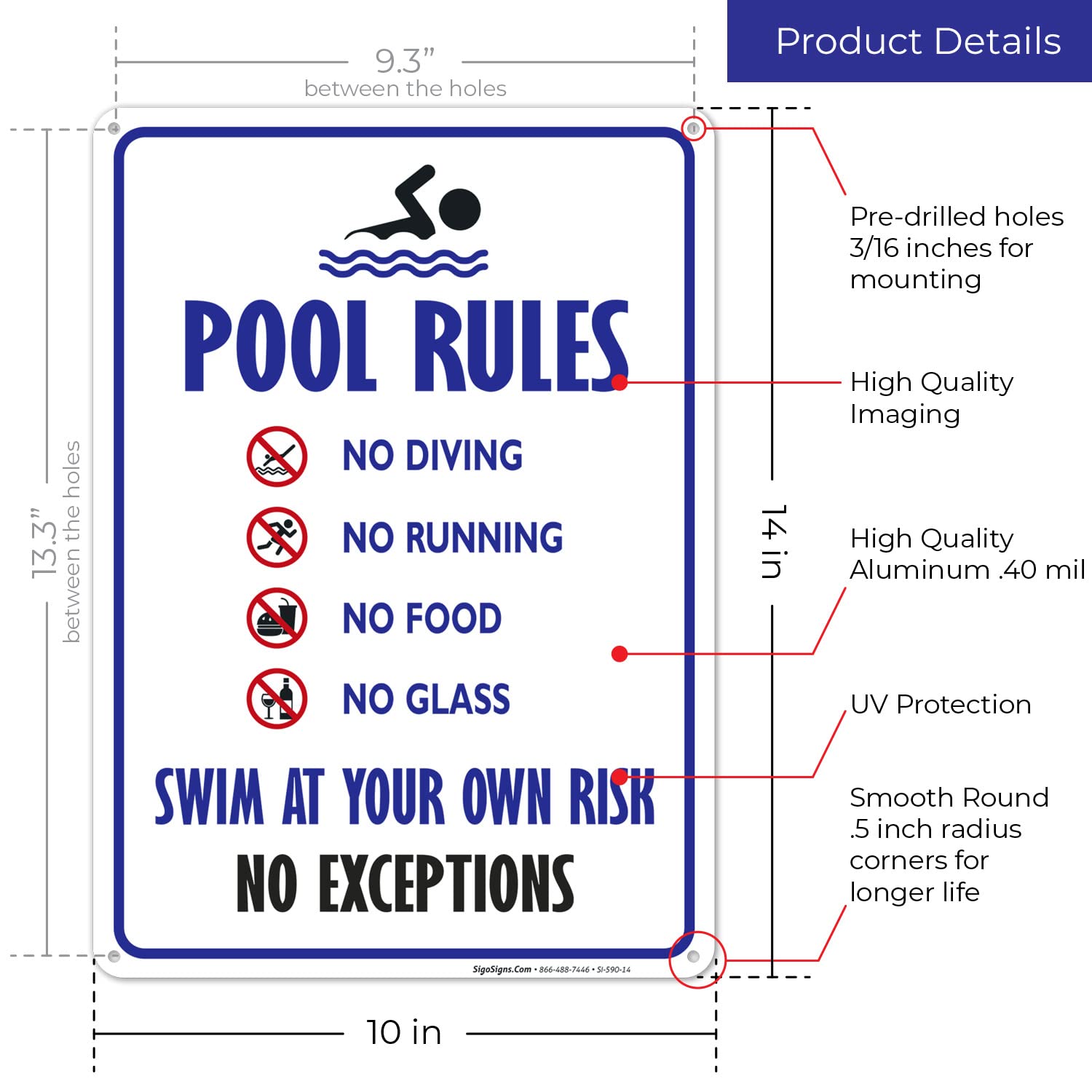 Pool Rules Sign, No Diving No Running No Food No Glass, 10x14 Inches, Rust Free .040 Aluminum, Fade Resistant, Made in USA by Sigo Signs