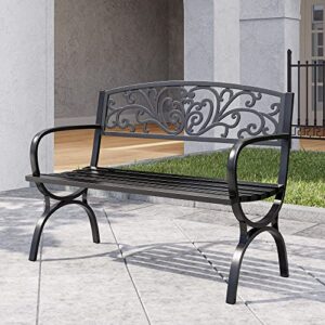 belleze patio outdoor garden bench, 50 inch cast iron metal loveseat chairs with armrests for park, yard, porch, lawn, balcony, backyard, antique seat furniture, black