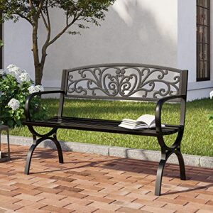 BELLEZE Patio Outdoor Garden Bench, 50 inch Cast Iron Metal Loveseat Chairs with Armrests for Park, Yard, Porch, Lawn, Balcony, Backyard, Antique Seat Furniture, Black