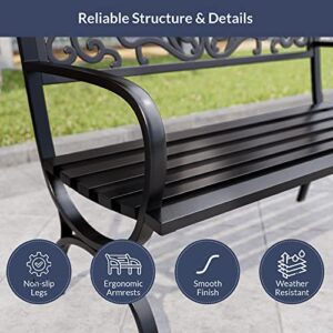 BELLEZE Patio Outdoor Garden Bench, 50 inch Cast Iron Metal Loveseat Chairs with Armrests for Park, Yard, Porch, Lawn, Balcony, Backyard, Antique Seat Furniture, Black