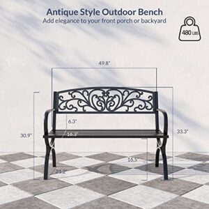 BELLEZE Patio Outdoor Garden Bench, 50 inch Cast Iron Metal Loveseat Chairs with Armrests for Park, Yard, Porch, Lawn, Balcony, Backyard, Antique Seat Furniture, Black