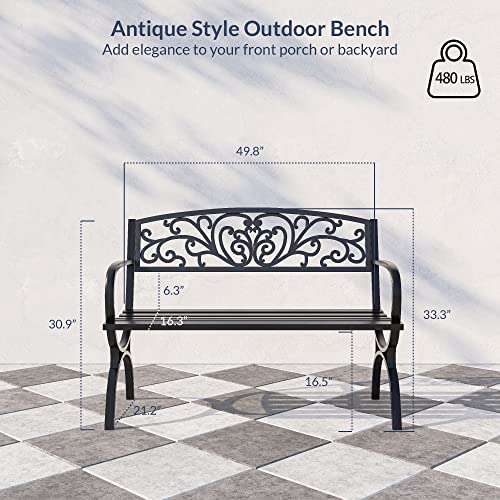 BELLEZE Patio Outdoor Garden Bench, 50 inch Cast Iron Metal Loveseat Chairs with Armrests for Park, Yard, Porch, Lawn, Balcony, Backyard, Antique Seat Furniture, Black