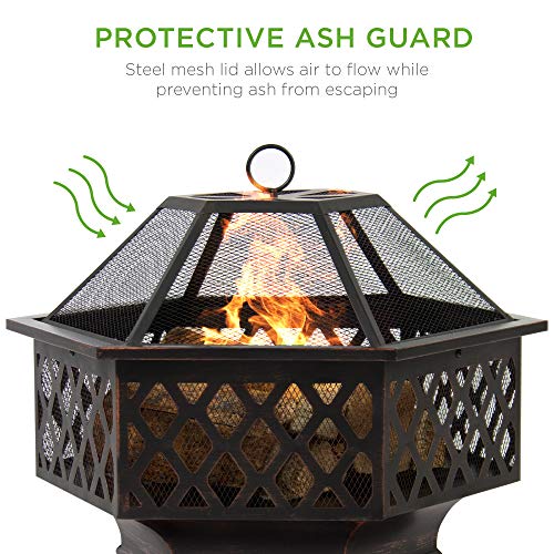 Best Choice Products Hex-Shaped 24in Steel Fire Pit, Black Metal Wood Burning Firepit, Portable Hexagon Fire Bowl for Outside, Patio, Backyard w/Flame-Retardant Mesh Lid