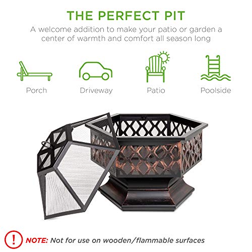 Best Choice Products Hex-Shaped 24in Steel Fire Pit, Black Metal Wood Burning Firepit, Portable Hexagon Fire Bowl for Outside, Patio, Backyard w/Flame-Retardant Mesh Lid