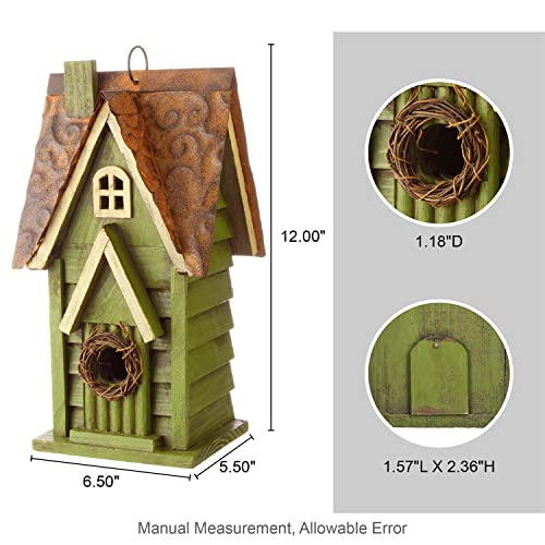 Glitzhome 12" H Green Hanging Distressed Solid Wood Garden Bird House Decoratvie Birdhouse