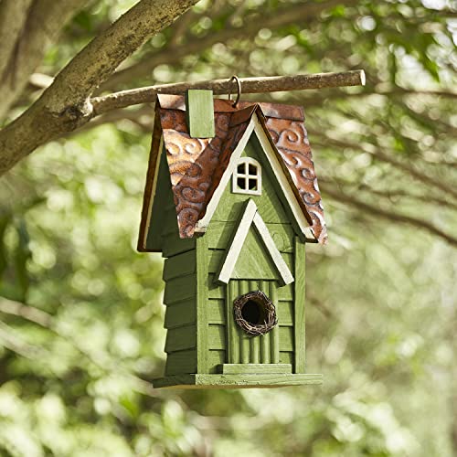 Glitzhome 12" H Green Hanging Distressed Solid Wood Garden Bird House Decoratvie Birdhouse