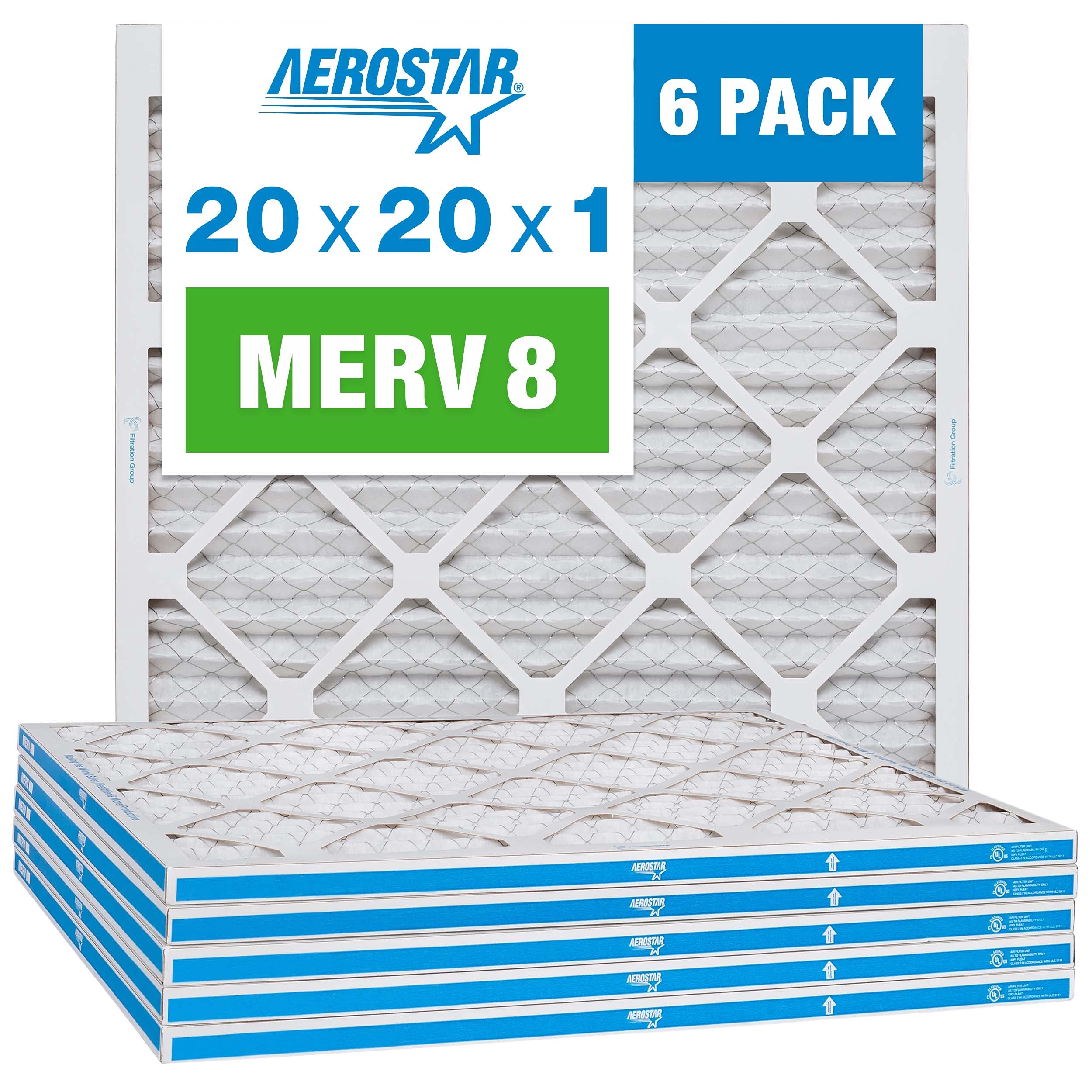 Aerostar 20x20x1 MERV 8 Pleated Air Filter, AC Furnace Air Filter, 6 Pack (Actual Size: 19 3/4" x 19 3/4" x 3/4")