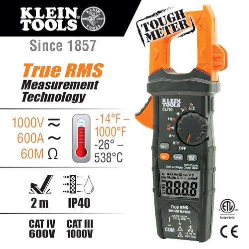 Klein Tools CL700 Autoranging Digital Clamp Meter, TRMS 600Amp, AC/DC Volts, Current, LoZ, Continuity, Frequency, NCVT, Temp, More, 1000V