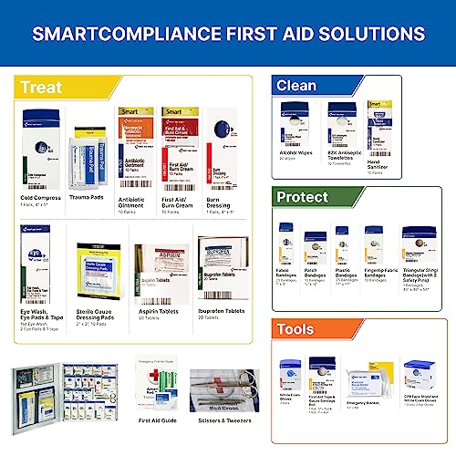 First Aid Only 50-Person SmartCompliance First Aid Kit for Businesses, ANSI A+ Compliant Metal First Aid Cabinet with Medications, 241 Pieces