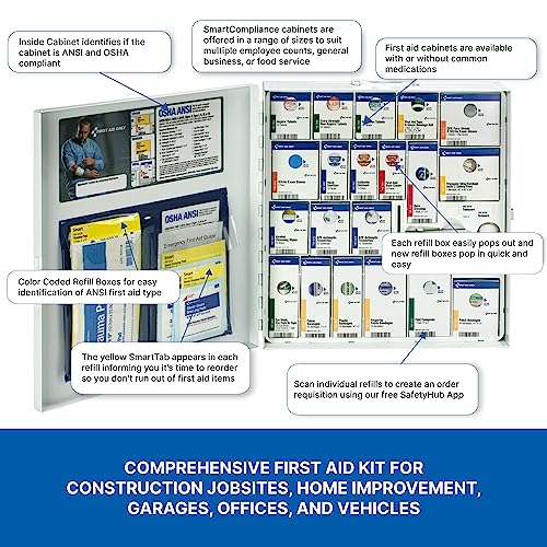 First Aid Only 50-Person SmartCompliance First Aid Kit for Businesses, ANSI A+ Compliant Metal First Aid Cabinet with Medications, 241 Pieces