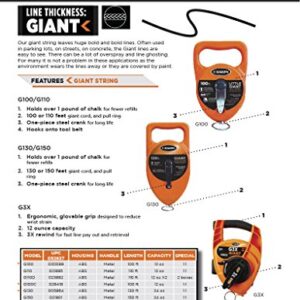 Keson G3X Giant Chalk Line with High Speed Rewind, 12 oz Capacity, 100 ft String "Packaging may vary"