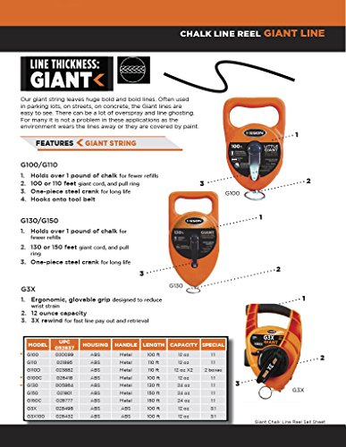 Keson G3X Giant Chalk Line with High Speed Rewind, 12 oz Capacity, 100 ft String "Packaging may vary"