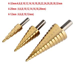 Chiloskit 3 Pcs Large HSS Steel Step Cone Drill Titanium Bit Set Step Drills Set for Metal Wood Drilling Hole Cutter, 4-12/20/32mm Dint