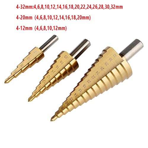 Chiloskit 3 Pcs Large HSS Steel Step Cone Drill Titanium Bit Set Step Drills Set for Metal Wood Drilling Hole Cutter, 4-12/20/32mm Dint