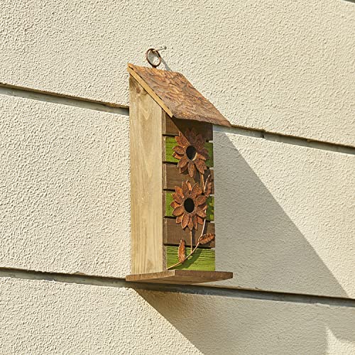 Glitzhome 14.5" H Wooden Garden Bird House Hanging Two-Tiered Distressed with Flowers Decorative Birdhouse