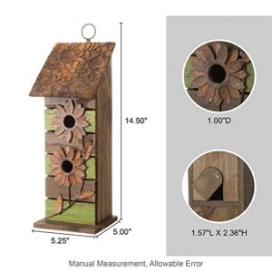 Glitzhome 14.5" H Wooden Garden Bird House Hanging Two-Tiered Distressed with Flowers Decorative Birdhouse