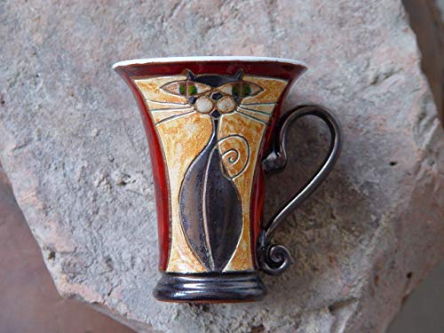 Pottery Coffee Mug, Cat Mug, Red Mug with Unique Hand Painted Decoration