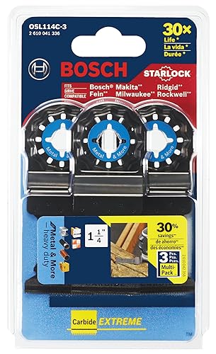 BOSCH OSL114C-3 3-Pack 1-1/4 In. Starlock Oscillating Multi Tool Metal & More Carbide Extreme Plunge Cut Blades for Cutting Iron Bar, Metal, Wood with Nails, Drywall and Tile