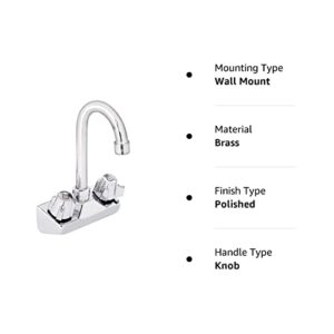 Kitchen Sink Faucet Wall Mount - DuraSteel 4" Center Commercial Kitchen Sink Faucet with 3-1/2" Gooseneck Spout - Dual Knob Handles - Brass Constructed & Chrome Polished