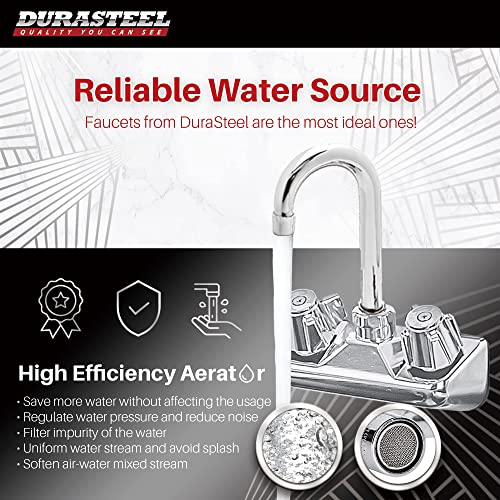 Kitchen Sink Faucet Wall Mount - DuraSteel 4" Center Commercial Kitchen Sink Faucet with 3-1/2" Gooseneck Spout - Dual Knob Handles - Brass Constructed & Chrome Polished