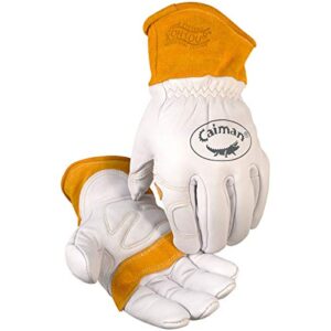 caiman premium goat grain tig/mig welding gloves with wool insulated back, scalloped cuff, boarhide palm, unlined, reinforced thumb, kevlar, kontour design, white/gold, medium (1871-4)