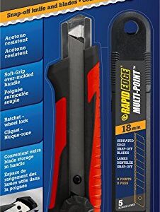 Rapid Tools 18mm Snap-Off Utility Knife with 8 Blade Edge Serrated Razor Knife Blades and Acetone-Resistant Soft Grip Handle (1 Pack)