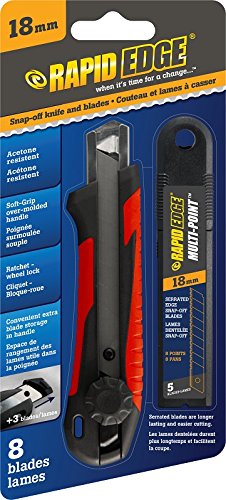 Rapid Tools 18mm Snap-Off Utility Knife with 8 Blade Edge Serrated Razor Knife Blades and Acetone-Resistant Soft Grip Handle (1 Pack)