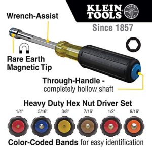 Klein Tools 635-6 Tool Set, Heavy Duty Magnetic Nut Drivers SAE Sizes 1/4, 5/16, 3/8, 7/16, 1/2, and 9/16-Inch Hex, 6-Inch, 6-Piece