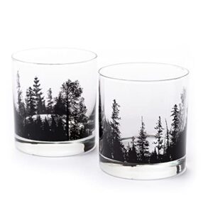 black lantern whiskey glasses – forest landscape cocktail glasses - set of 2 glasses - old fashioned rock glass set - 11oz. tumbler glass