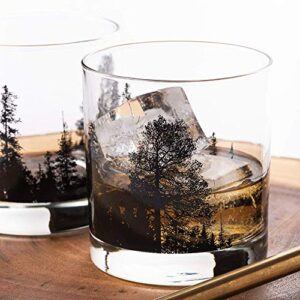 Black Lantern Whiskey Glasses – Forest Landscape Cocktail Glasses - Set of 2 Glasses - Old Fashioned Rock Glass Set - 11oz. Tumbler Glass