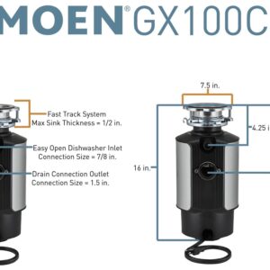 Moen GX100C Chef Series 1 HP Continuous Feed Garbage Disposal with Sound Reduction, Disposer Power Cord Included