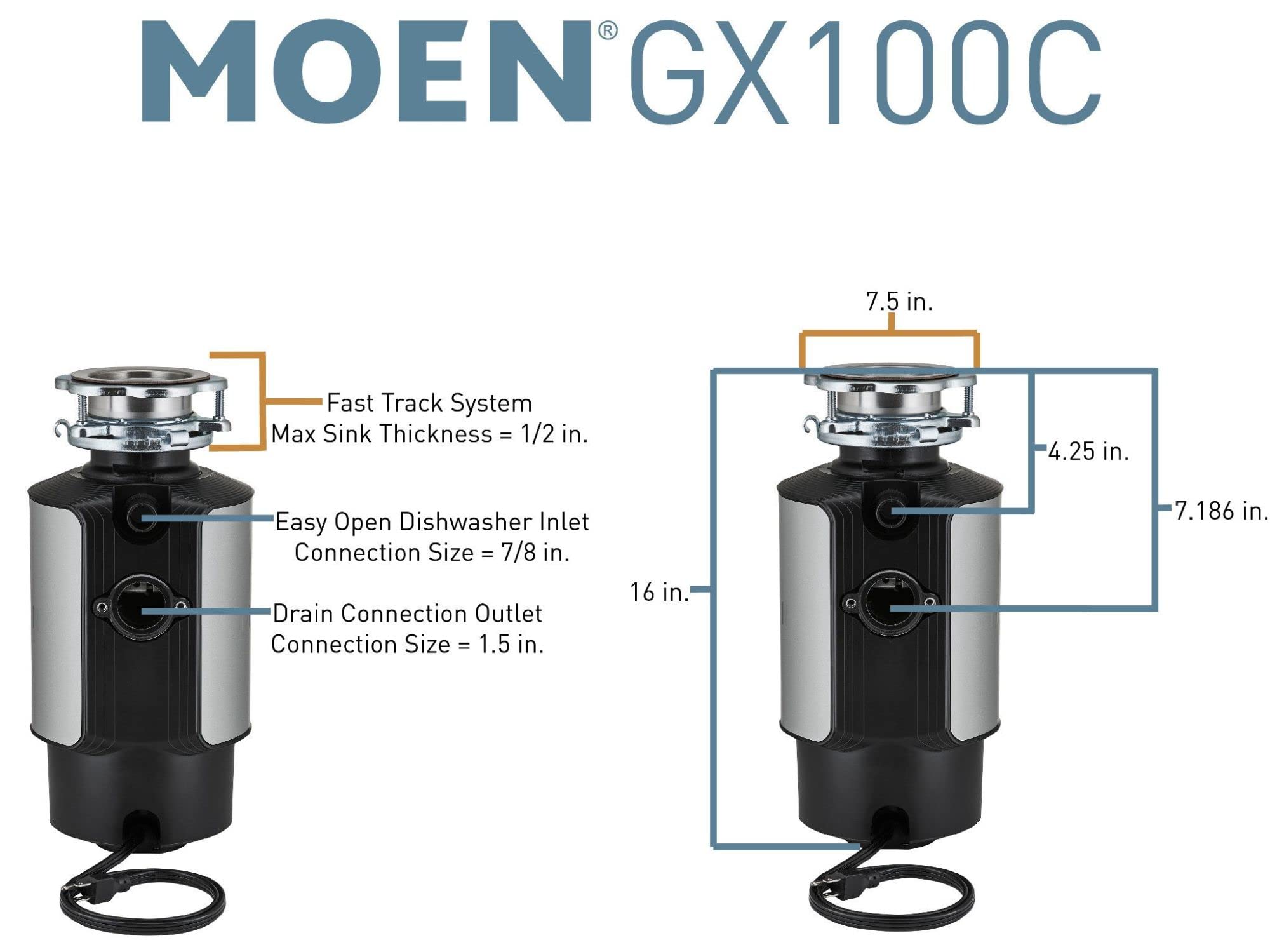 Moen GX100C Chef Series 1 HP Continuous Feed Garbage Disposal with Sound Reduction, Disposer Power Cord Included