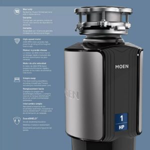 Moen GX100C Chef Series 1 HP Continuous Feed Garbage Disposal with Sound Reduction, Disposer Power Cord Included