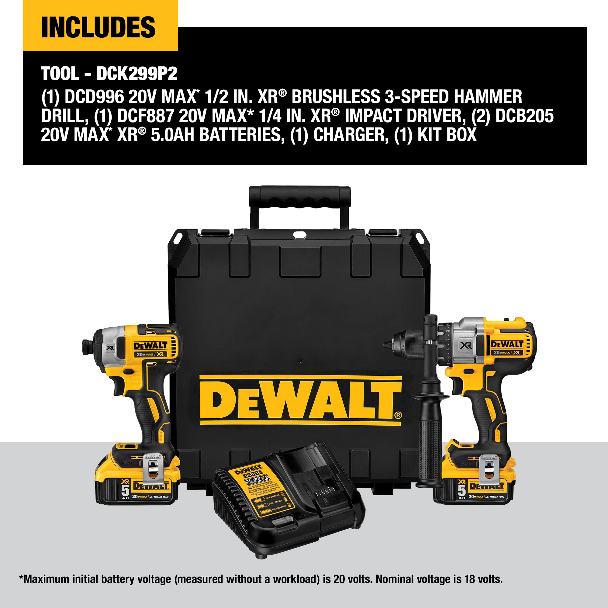 DEWALT 20V MAX Hammer Drill and Impact Driver, Cordless Power Tool Combo Kit with 2 Batteries and Charger (DCK299P2)