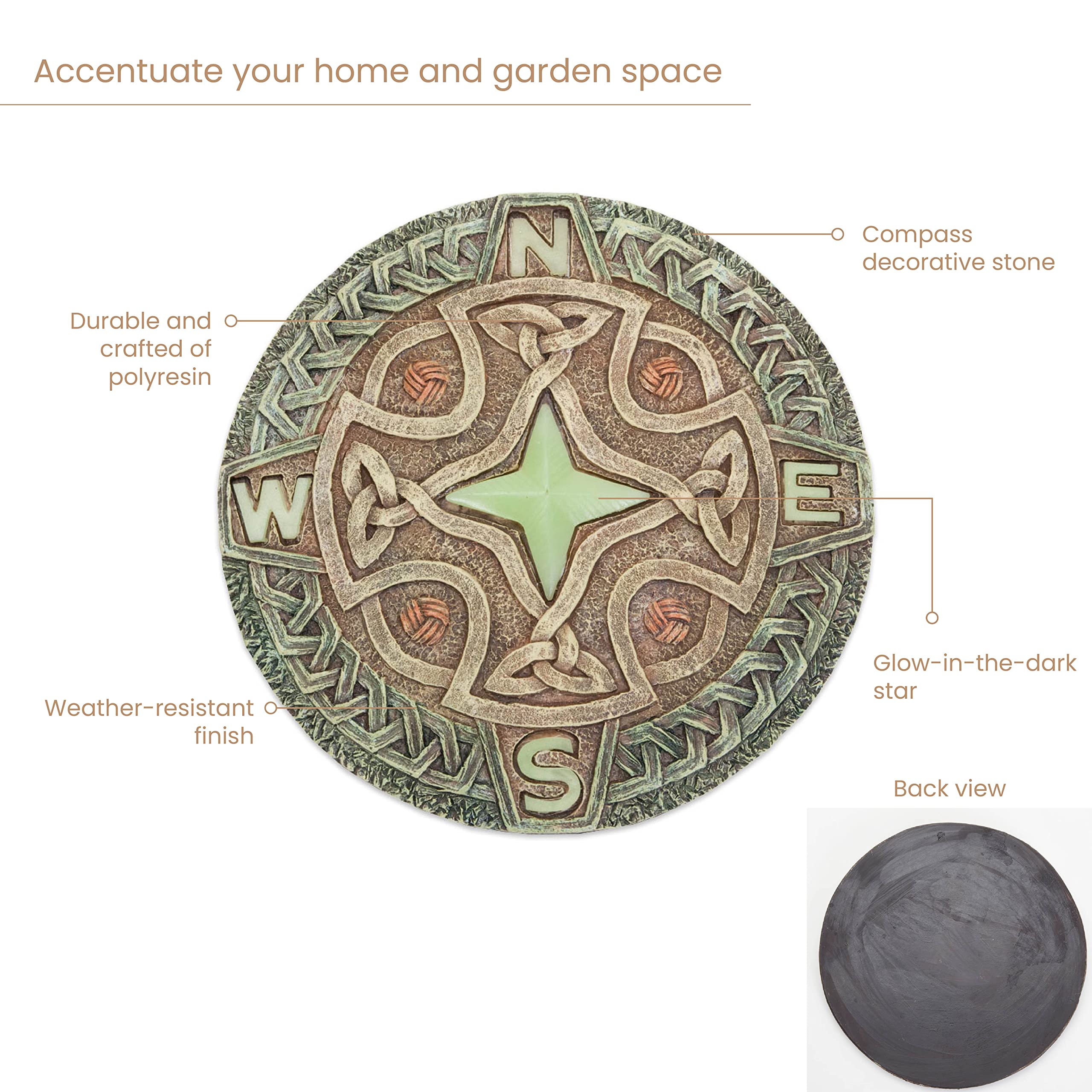 Bits and Pieces - 10” Glow-In-The-Dark Celtic Compass Decorative Stone - Yard Decoration – Beautiful Lawn/Garden Stone