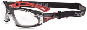 bolle safety rush+ safety glasses platinum® with assembled foam and strap, black & red frame, clear lenses