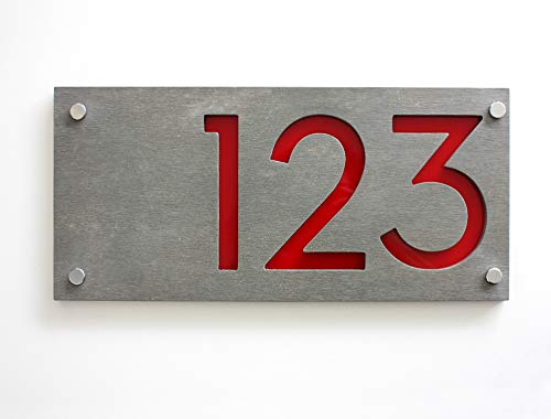 Modern House Numbers - Rectangle Concrete with Red Acrylic - Contemporary Home Address - Sign Plaque - Door Number - Hotel Room Numbers - Apartment Number