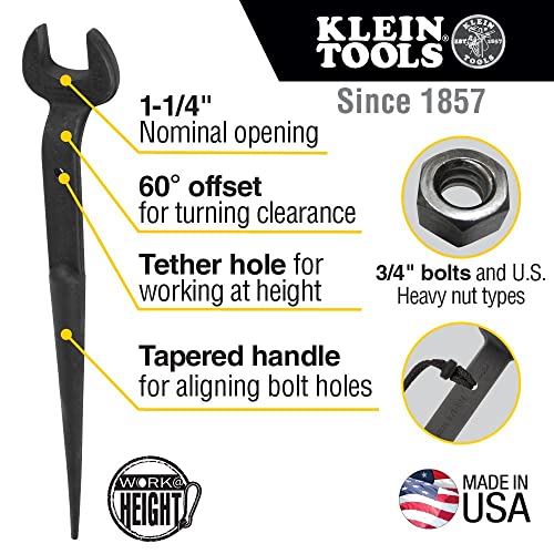 Klein Tools 3212TT Construction Spud Wrench with Tether Hole, 1-1/4-Inch Nominal Opening, 3/4-Inch Bolt for US Heavy Nut