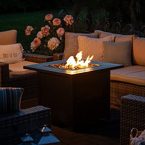 Endless Summer 30 Inch Square 30,000 BTU LP Gas Outdoor Fire Pit Table with Steel Mantel, Slate Finish, Black Fire Glass, and Protective Cover, Black