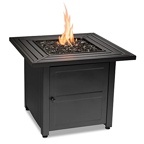 Endless Summer 30 Inch Square 30,000 BTU LP Gas Outdoor Fire Pit Table with Steel Mantel, Slate Finish, Black Fire Glass, and Protective Cover, Black