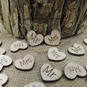 100 Mr Mrs Wooden Hearts - Wood Table Confetti, Embellishments, Scatters, Invitations, Table Decor, Rustic Weddings and Events