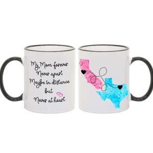 mom, personalized long distance coffee mug, mother's day gift, states with hearts over cities, 11oz or 15oz