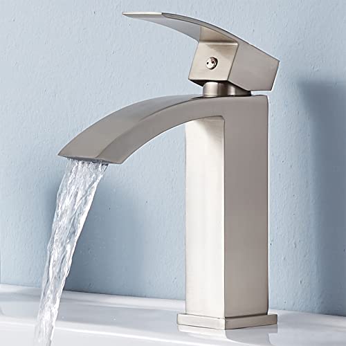 Friho Single Handle Waterfall Vanity Sink Faucet with Extra Large Rectangular Spout Bathroom Faucet, Single Hole Waterfall Type Bathroom Sink Faucets for Sink 1 Hole Brushed Nickel