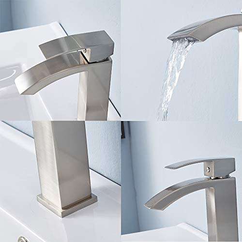 Friho Single Handle Waterfall Vanity Sink Faucet with Extra Large Rectangular Spout Bathroom Faucet, Single Hole Waterfall Type Bathroom Sink Faucets for Sink 1 Hole Brushed Nickel