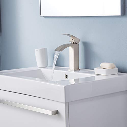 Friho Single Handle Waterfall Vanity Sink Faucet with Extra Large Rectangular Spout Bathroom Faucet, Single Hole Waterfall Type Bathroom Sink Faucets for Sink 1 Hole Brushed Nickel