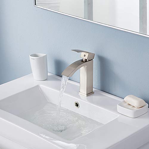 Friho Single Handle Waterfall Vanity Sink Faucet with Extra Large Rectangular Spout Bathroom Faucet, Single Hole Waterfall Type Bathroom Sink Faucets for Sink 1 Hole Brushed Nickel